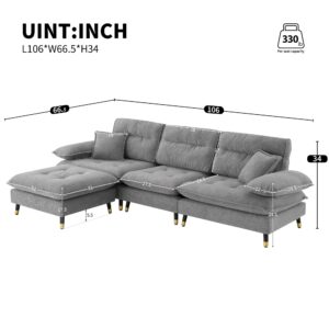 LUSPAZ L Shaped Convertible Sectional Sofa Set, Cloud Chenille Fabric 4 Seat Tufted Couch with Movable Ottoman and Two-Tone Adjust Legs,Grey