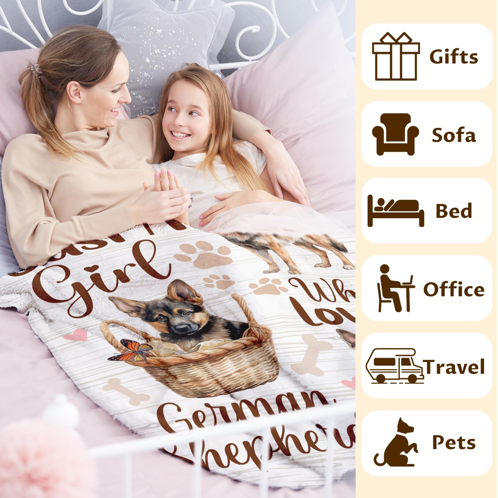 Kids Girls Throw Blanket - 40x30 Inches Small Blanket - Soft Plush Dog Themed Blankets for Office, Sofa - White Cute Fuzzy Throws Gifts for German Shepherd Dog Lovers