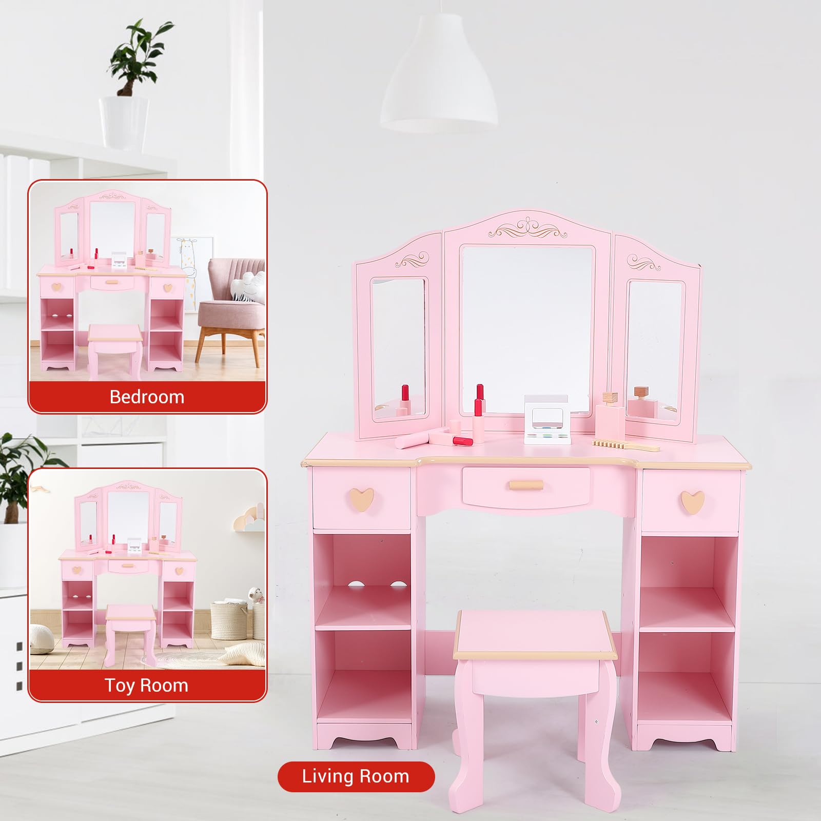 GarveeHome Kids Vanity, Pretend Play Vanity Set with Stool and Tri-Fold Mirror, Little Girl Makeup Desk, Toddler Dressing Table with Storage Drawers and Open Shelves for Girls 3+, Pink