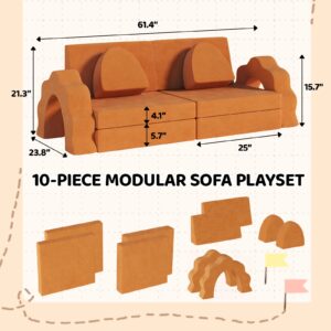 MAMIZO 10pcs Modular Kids Play Couch, Child Sectional Sofa, Nugget Couch Large Size, Toddlers Floor Sofa W/Suede Cover, Convertible Foam Cushion Couch for Playroom Creative Boy Girl (Orange)