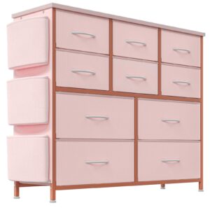 trailblaze multifunctional drawer tower - spacious storage with 10 drawers, fabric pockets, hooks, sturdy steel frame, waterproof wood top, anti-tip safety, easy assembly(pink)