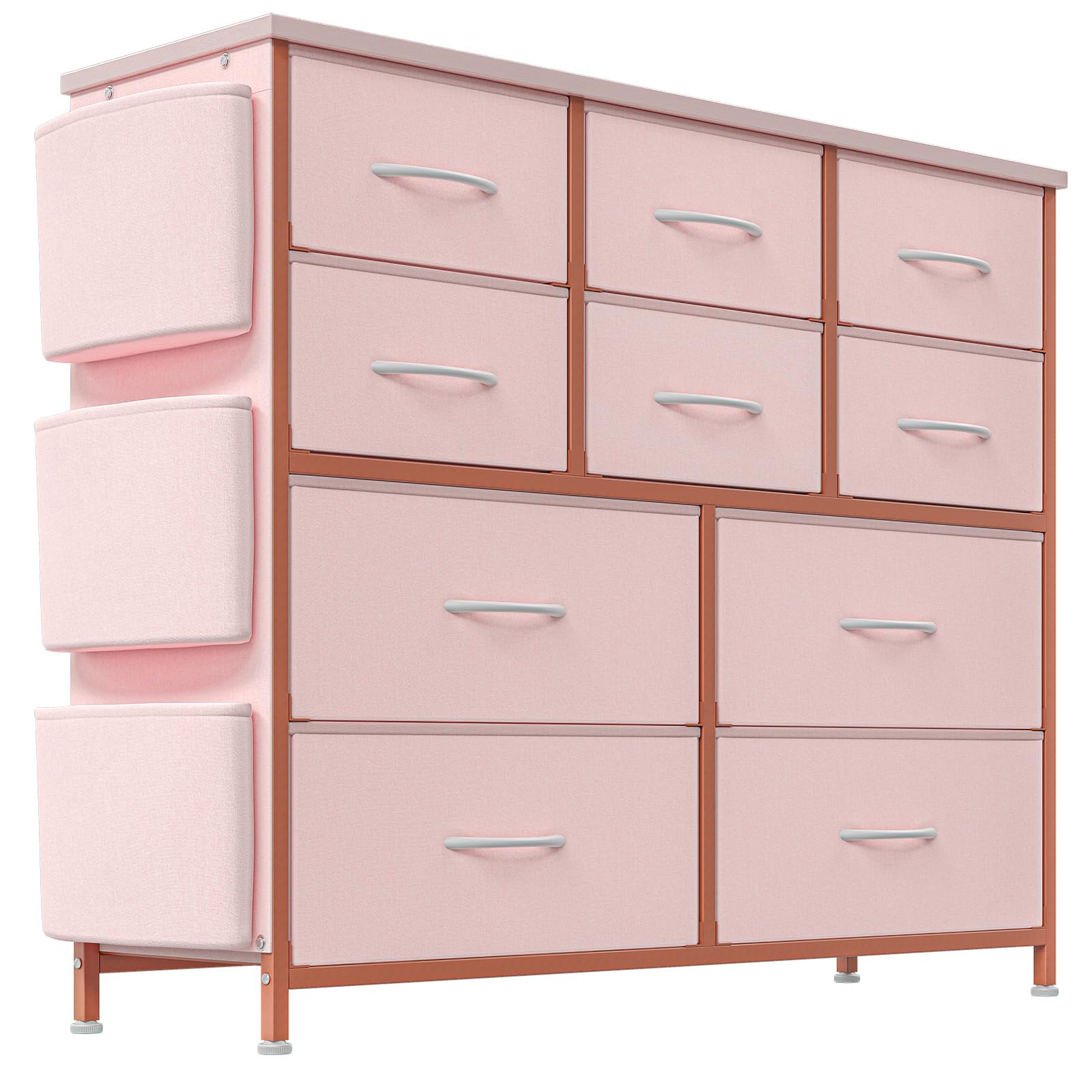 TrailBlaze Multifunctional Drawer Tower - Spacious Storage with 10 Drawers, Fabric Pockets, Hooks, Sturdy Steel Frame, Waterproof Wood Top, Anti-Tip Safety, Easy Assembly(Pink)