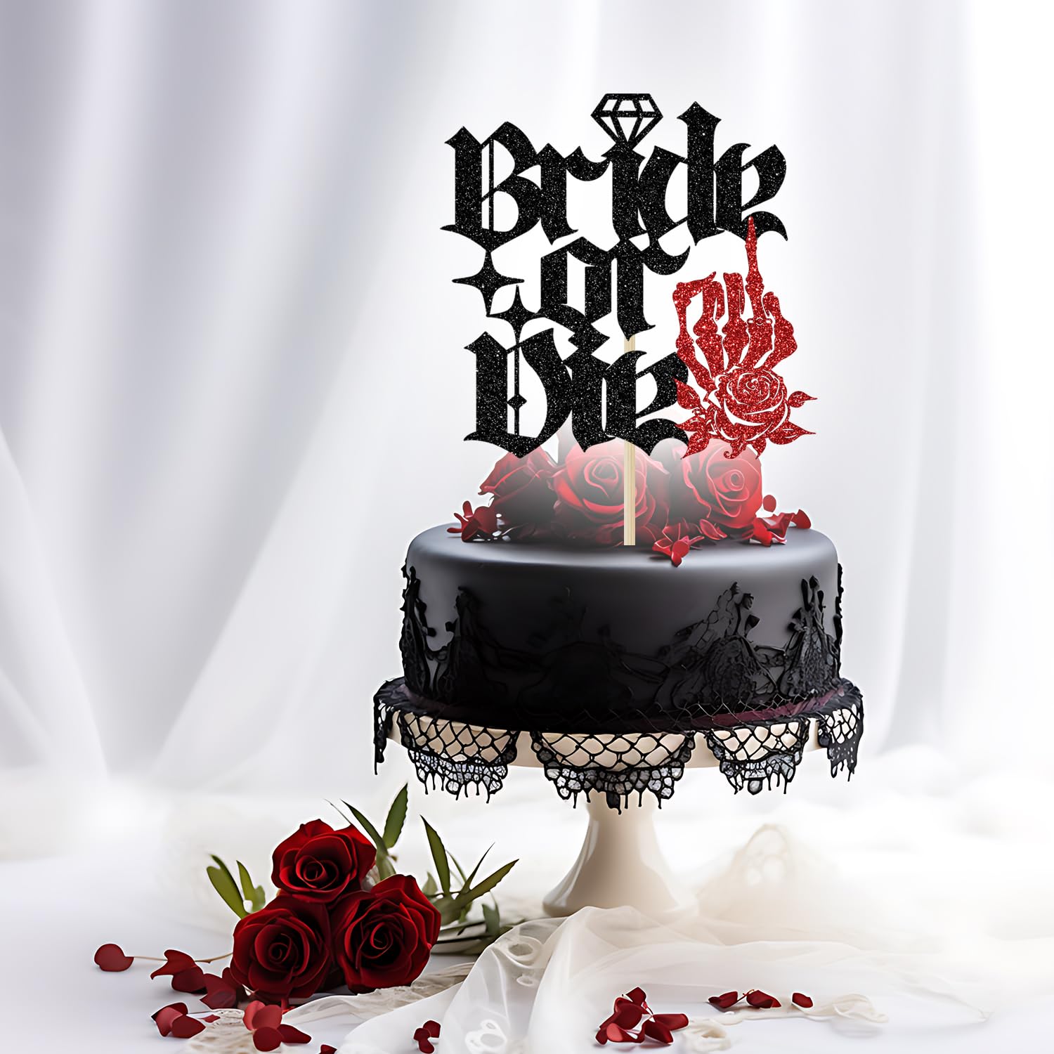 Bride or Die Cake Topper, Till Death Do Us Party, Rip Single Life, Halloween Gothic Wedding Bachelorette Party Decorations, Black and Red Glitter