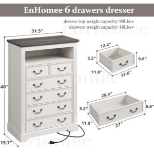 EnHomee Farmhouse 6 Drawer Dresser for Bedroom LED Light & Power Outlets, 48" H Solid Wood Dressers & Chests of Drawers with Natural Texture, Tall Dressers for Bedroom, Hallway (Antique White)