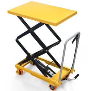 yitahome 500 lbs capacity hydraulic lift table cart, adjustable 11.4" to 42.5" in height double scissor lift table with locking wheels for material handling and transportation