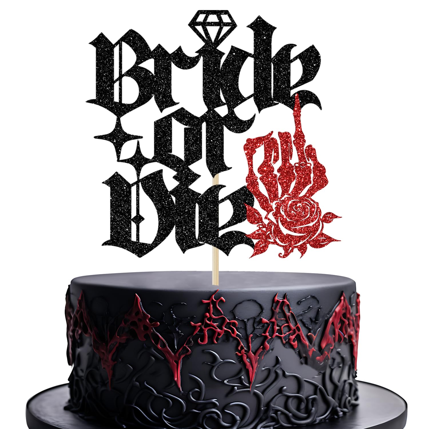 Bride or Die Cake Topper, Till Death Do Us Party, Rip Single Life, Halloween Gothic Wedding Bachelorette Party Decorations, Black and Red Glitter