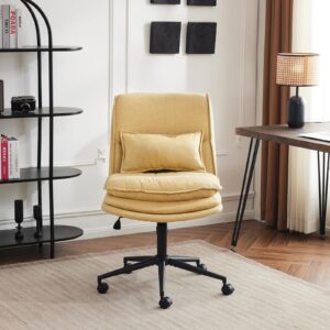 bonnlo criss cross chair with wheels,18” height adjustable full back, comfy wide armless office desk chair,swivel cute vanity home chair, home chair for make up,living room, fabric,yellow