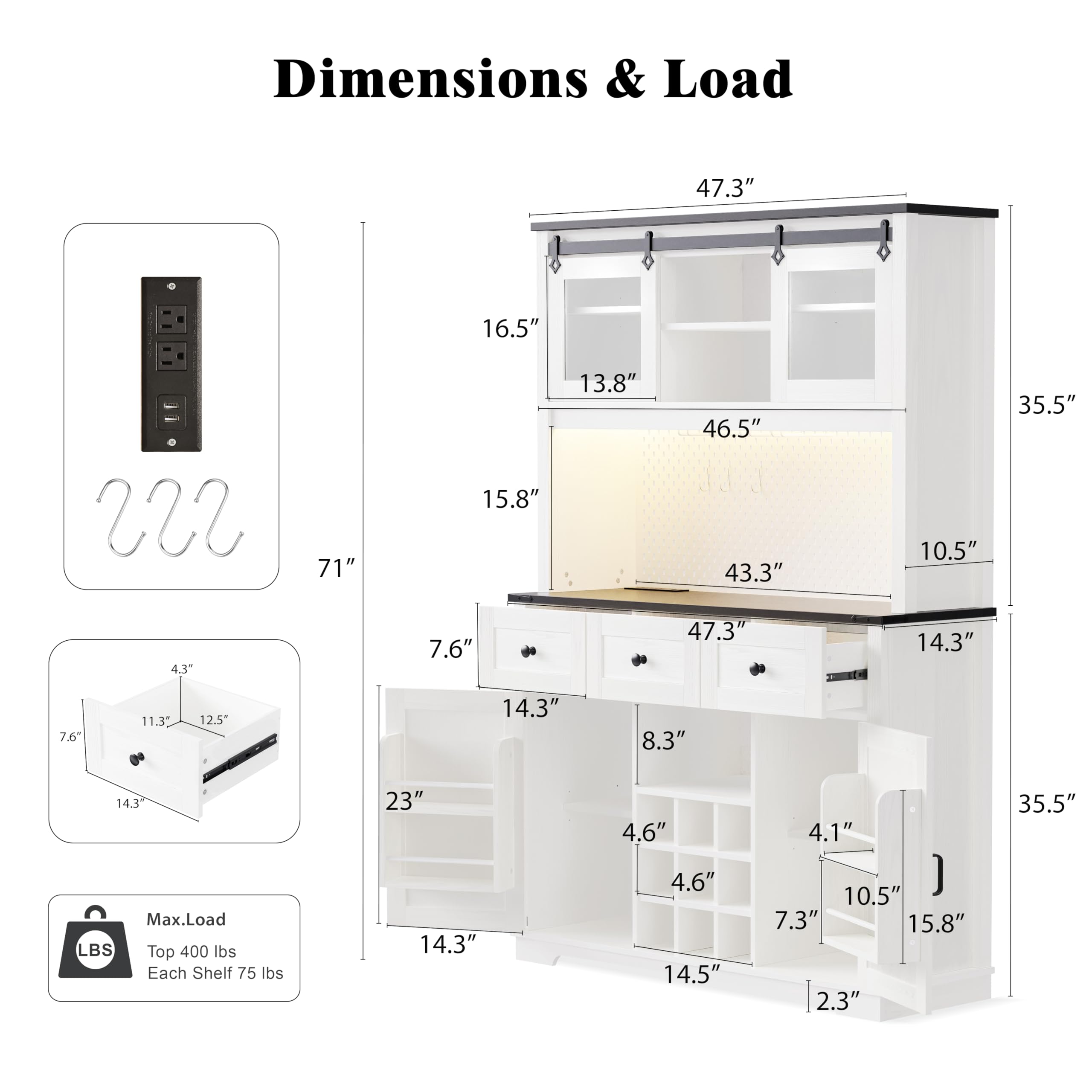 Farmhosue Pantry Bar Cabinet with Internal Storage Rack,Kitchen Cabinet with Hutch,Sliding Door,Power Outlet,Pegboard,Wine & Glasses Rack,3 Drawers,Rustic Coffee Bar Storage Cabinet,White Oak