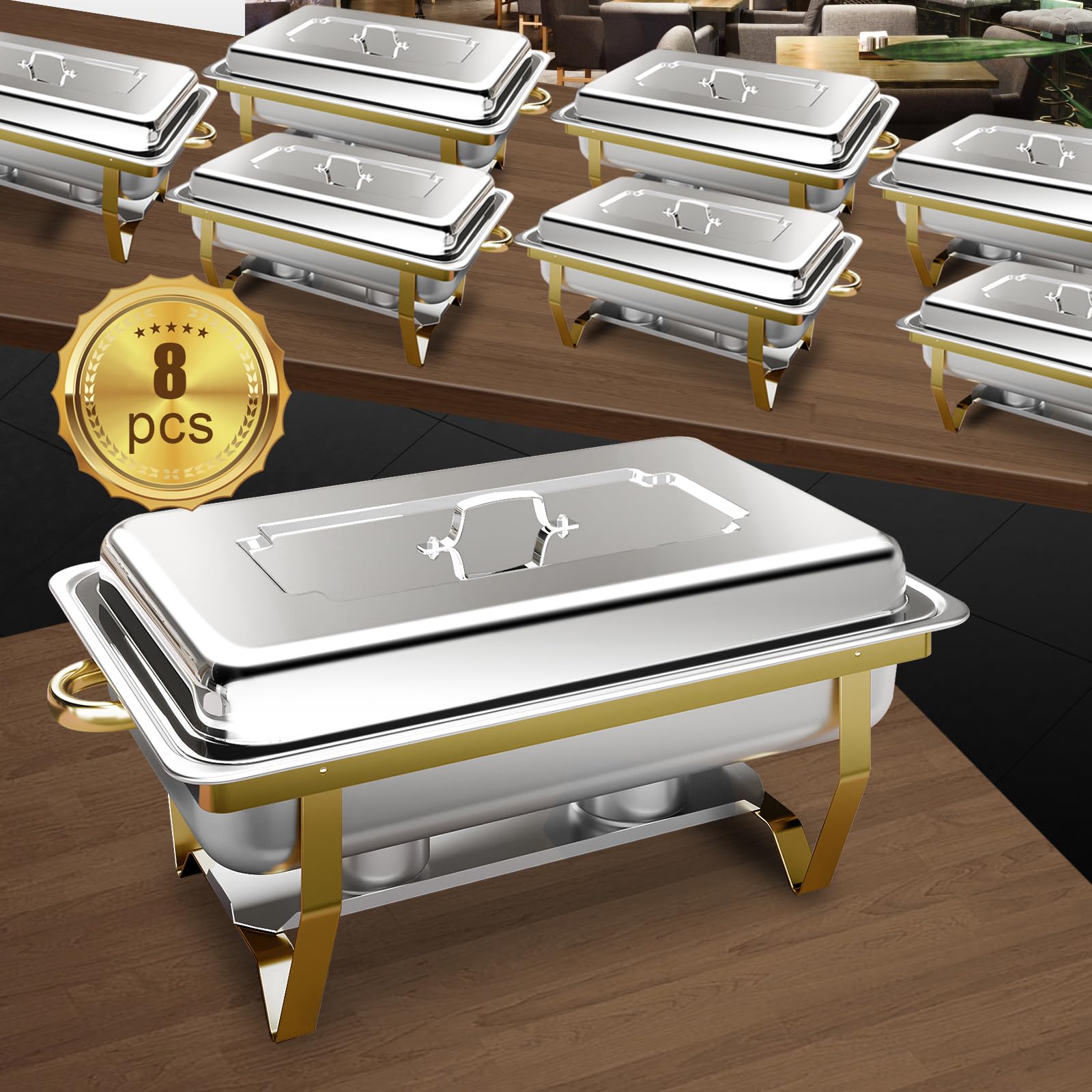 Jacgood 8 Pack 8QT Chafing Dish Buffet Set, Rectangular Stainless Steel Buffet Warmer with Thick Frame for Catering Events Parties Weddings Dinners, Gold