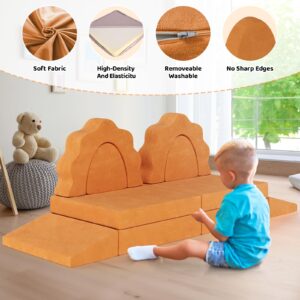 MAMIZO 10pcs Modular Kids Play Couch, Child Sectional Sofa, Nugget Couch Large Size, Toddlers Floor Sofa W/Suede Cover, Convertible Foam Cushion Couch for Playroom Creative Boy Girl (Orange)