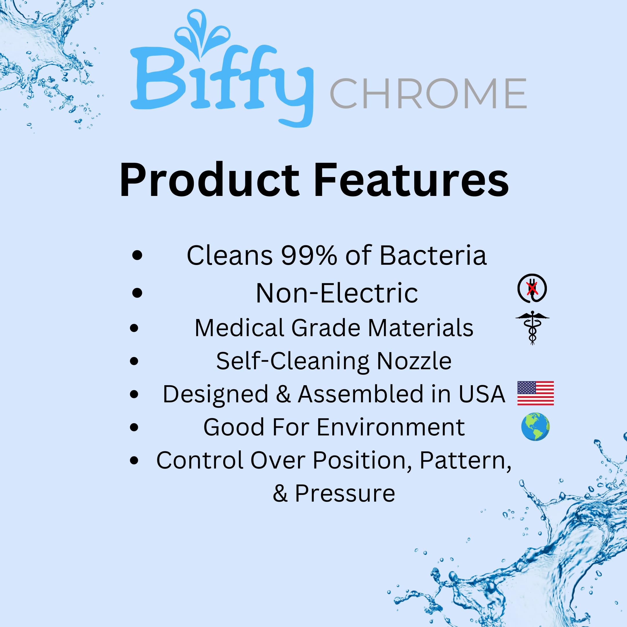 Biffy Chrome Metal Attachable Bidet: Physician Designed, Self-Cleaning 8-Stream Nozzle, Non-Electric, Adjustable Water Pressure, Two-Inch Coverage, Easy Install (Metal Bidet)