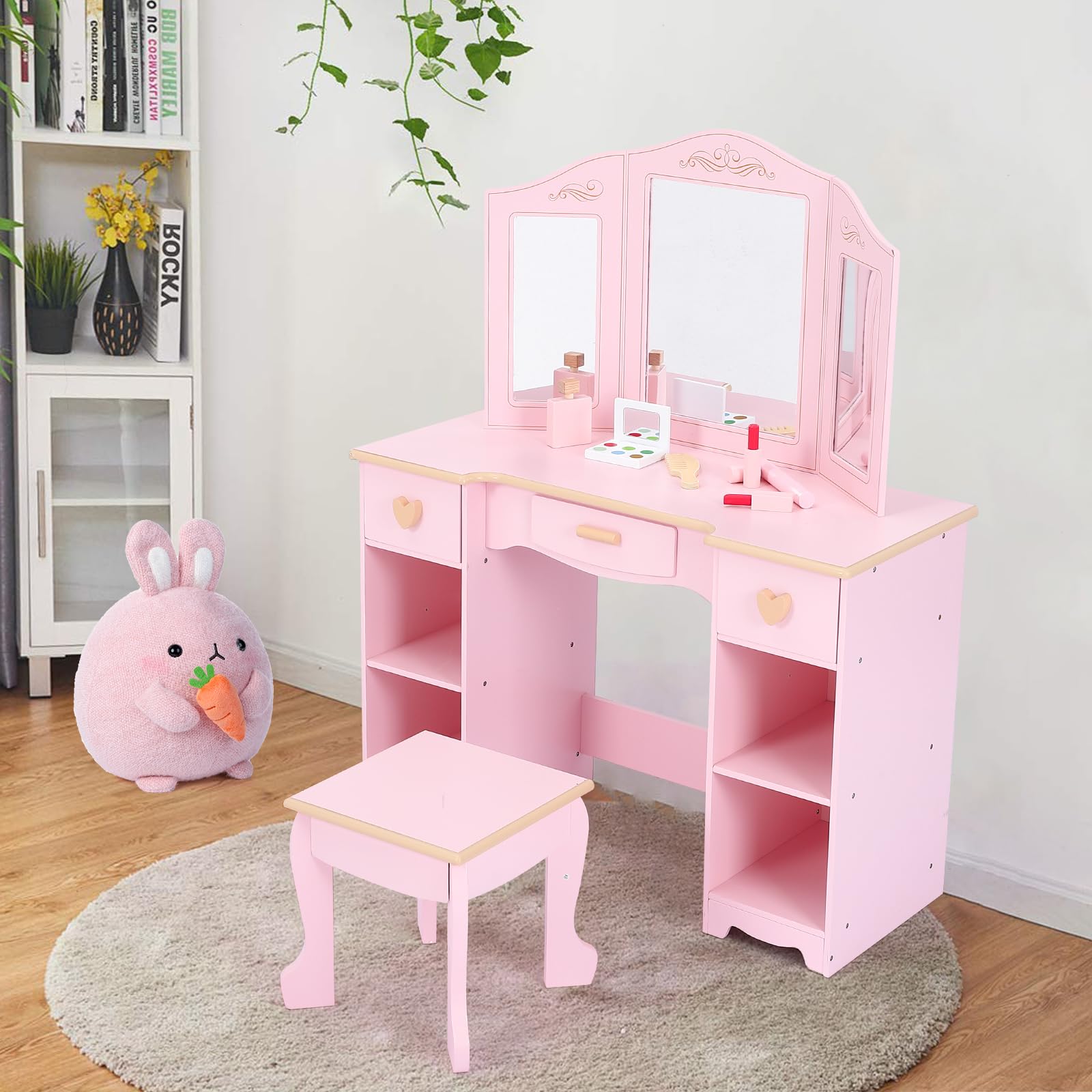 GarveeHome Kids Vanity, Pretend Play Vanity Set with Stool and Tri-Fold Mirror, Little Girl Makeup Desk, Toddler Dressing Table with Storage Drawers and Open Shelves for Girls 3+, Pink