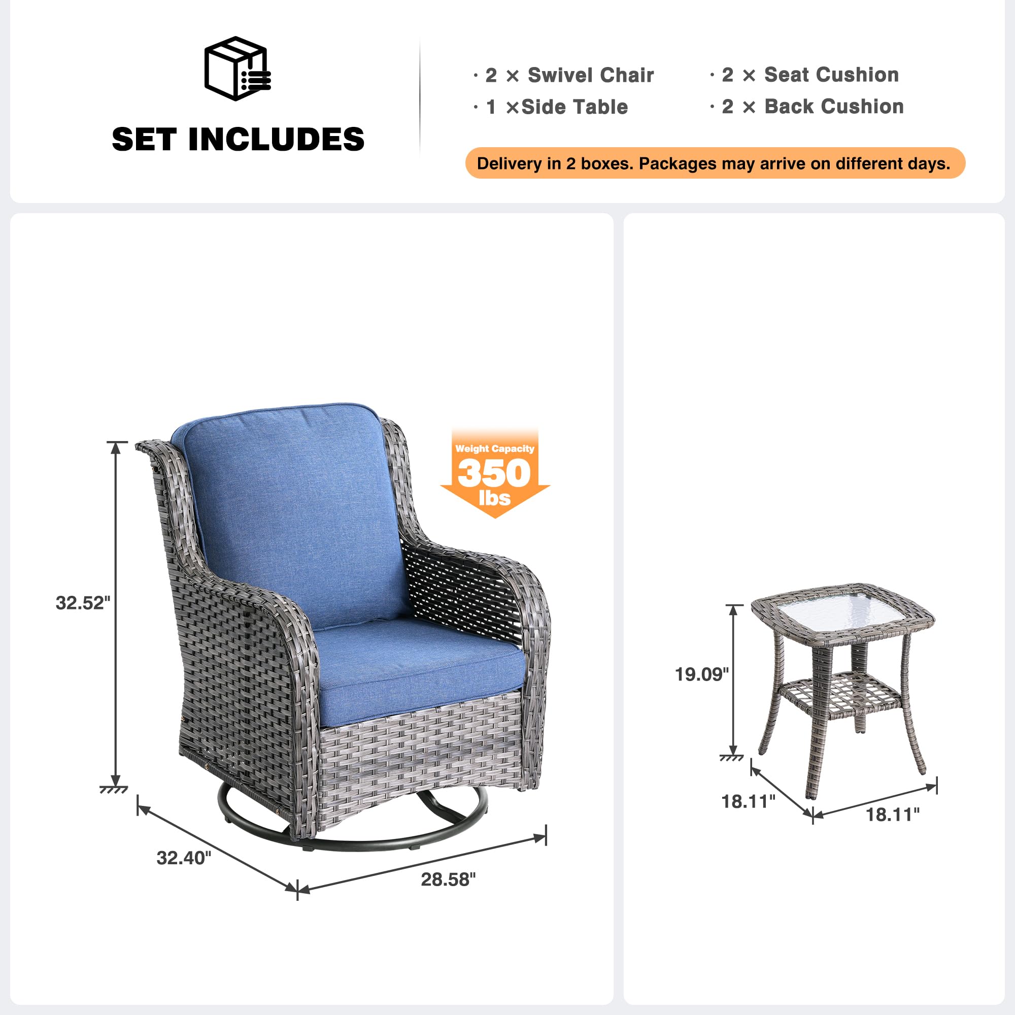 ovios 3 Pieces Patio Swivel Chairs with Side Table, Outdoor Wicker Rocking Chairs with Comfy Cushions, High Back Glider Rocker Chair Set for Porch Deck, Grey Rattan/Denim Blue