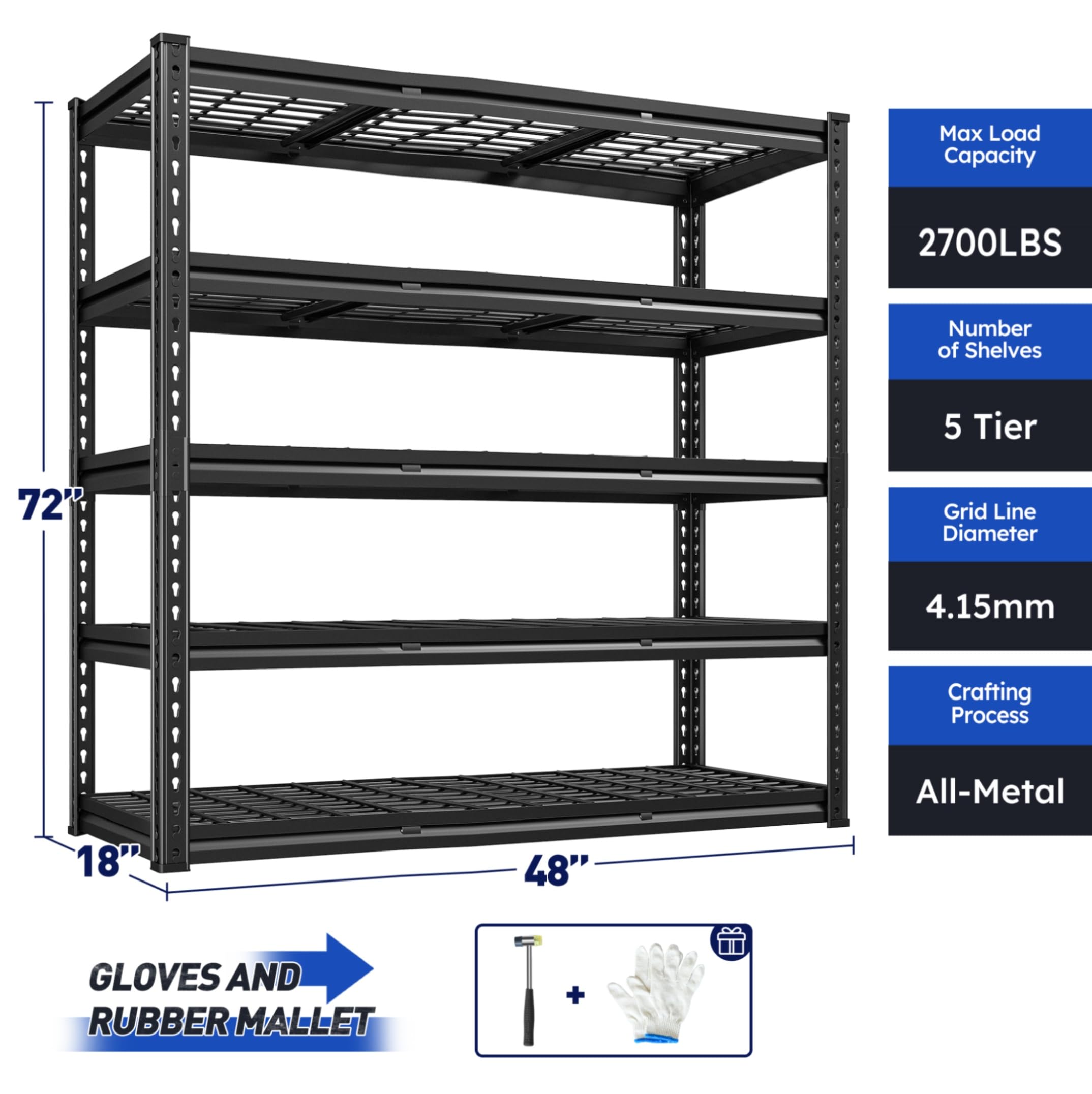 REIBII 48" W Garage Shelving 2750LBS Heavy Duty Garage Storage 5 Tier Adjustable Metal Storage Shelves Industrial Shelving Unit for Basement,Warehouse, Workshop,Black