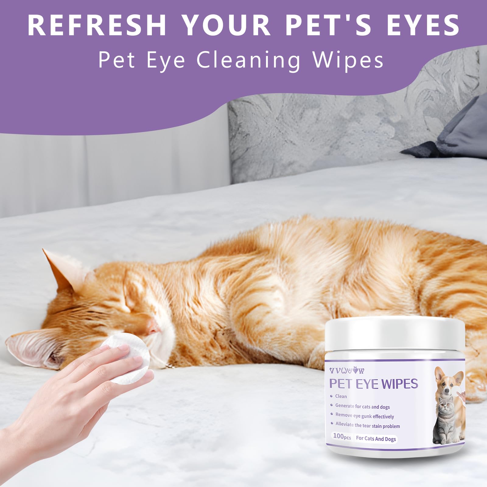 VVWVVW Veterinarian-Recommended cat Wipes and Dog Wipes Prevent Tear Stains, Remove Dirt and scabs, Prevent Infection, Reduce Irritation and itching, and are Easy and Safe to use -100 Tablets