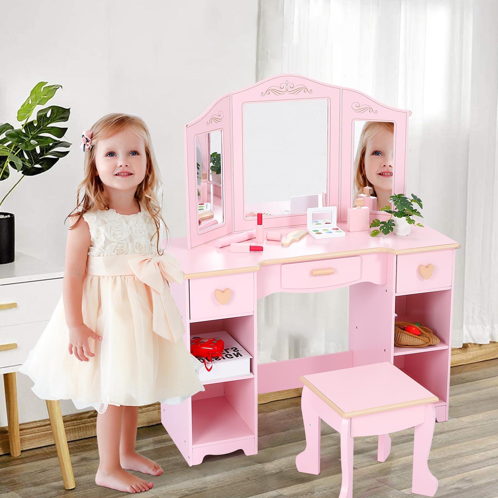 GarveeHome Kids Vanity, Pretend Play Vanity Set with Stool and Tri-Fold Mirror, Little Girl Makeup Desk, Toddler Dressing Table with Storage Drawers and Open Shelves for Girls 3+, Pink