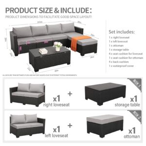 Rattaner Outdoor Sectional 4 Pieces Patio Furniture Set Wicker Patio Furniture Long Patio Couch with Ottoman and Outdoor Storage Table Weathering Anti-Slip Cushions Waterproof Covers, Light Grey