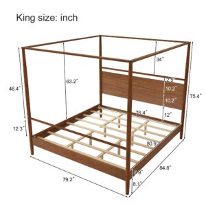 SOFTSEA King Size Canopy Platform Bed, Solid Wood Canopy Bed Frame 4 Posters Canopy Bed, No Box Spring Needed, Walnut