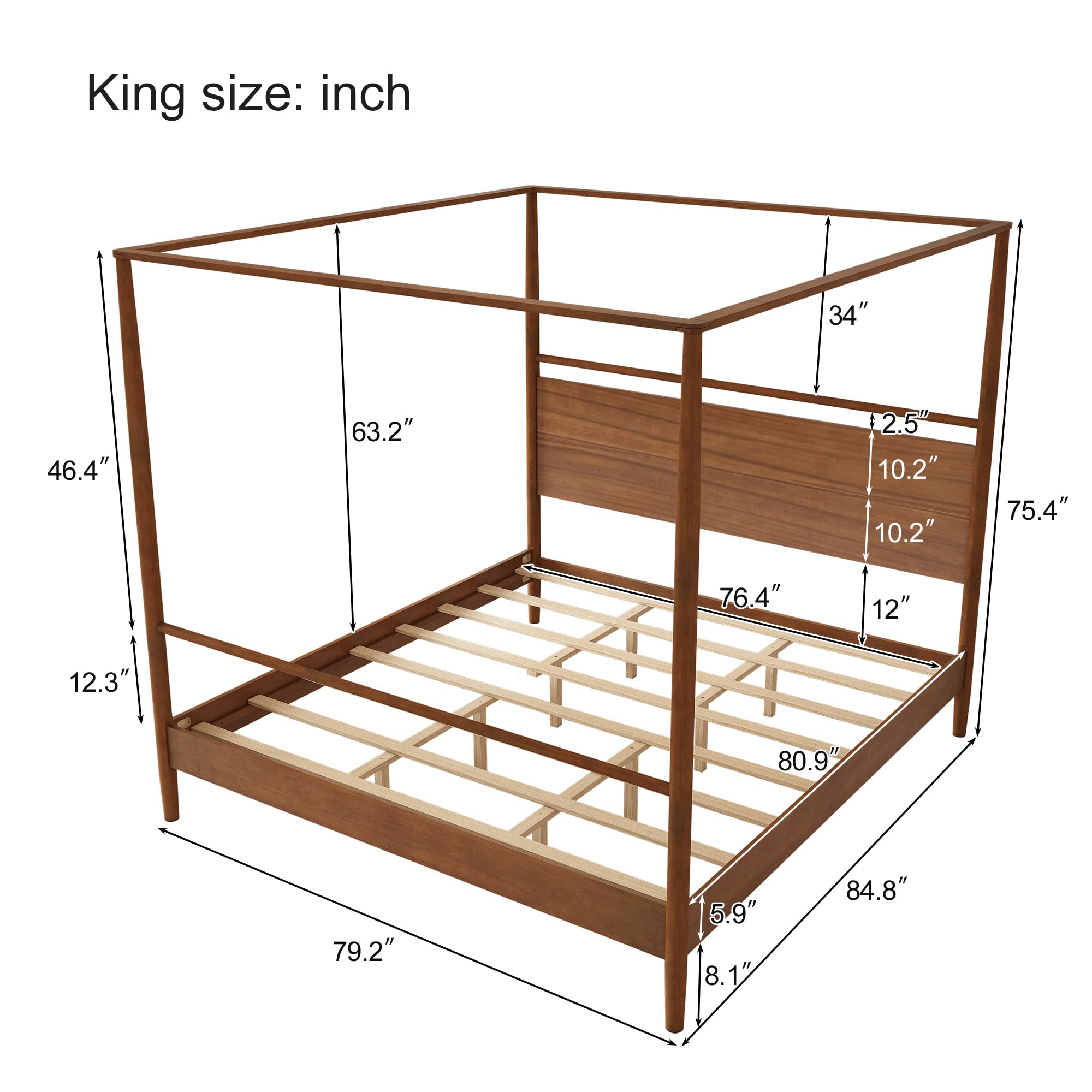 SOFTSEA King Size Canopy Platform Bed, Solid Wood Canopy Bed Frame 4 Posters Canopy Bed, No Box Spring Needed, Walnut