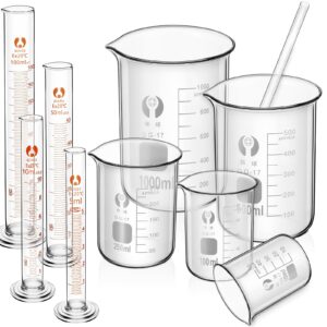 feekoon 10 pieces glass measuring beaker graduated measuring cylinder with stirring rod 50/100/ 250/500/ 1000 ml thick glass beakers 5/10/ 50/100 ml graduated cylinders for science lab (9.8 inch)