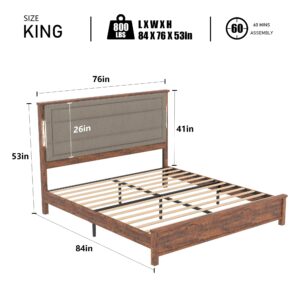 SAMTRA Wooden King Size Bed Frame with Upholstered Tall Headboard, Farmhouse Platform Bedframe with Led Lights & Charging Station, Sturdy Wood Slat Supports, Easy Assembly (Classic Brown)