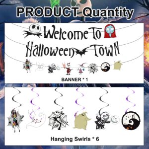 Glittery Welcome to Halloween Town Party Decorations,Welcome to Halloween Town Banner and Hanging Swirls,Halloween Nightmare Birthday Party Decorations