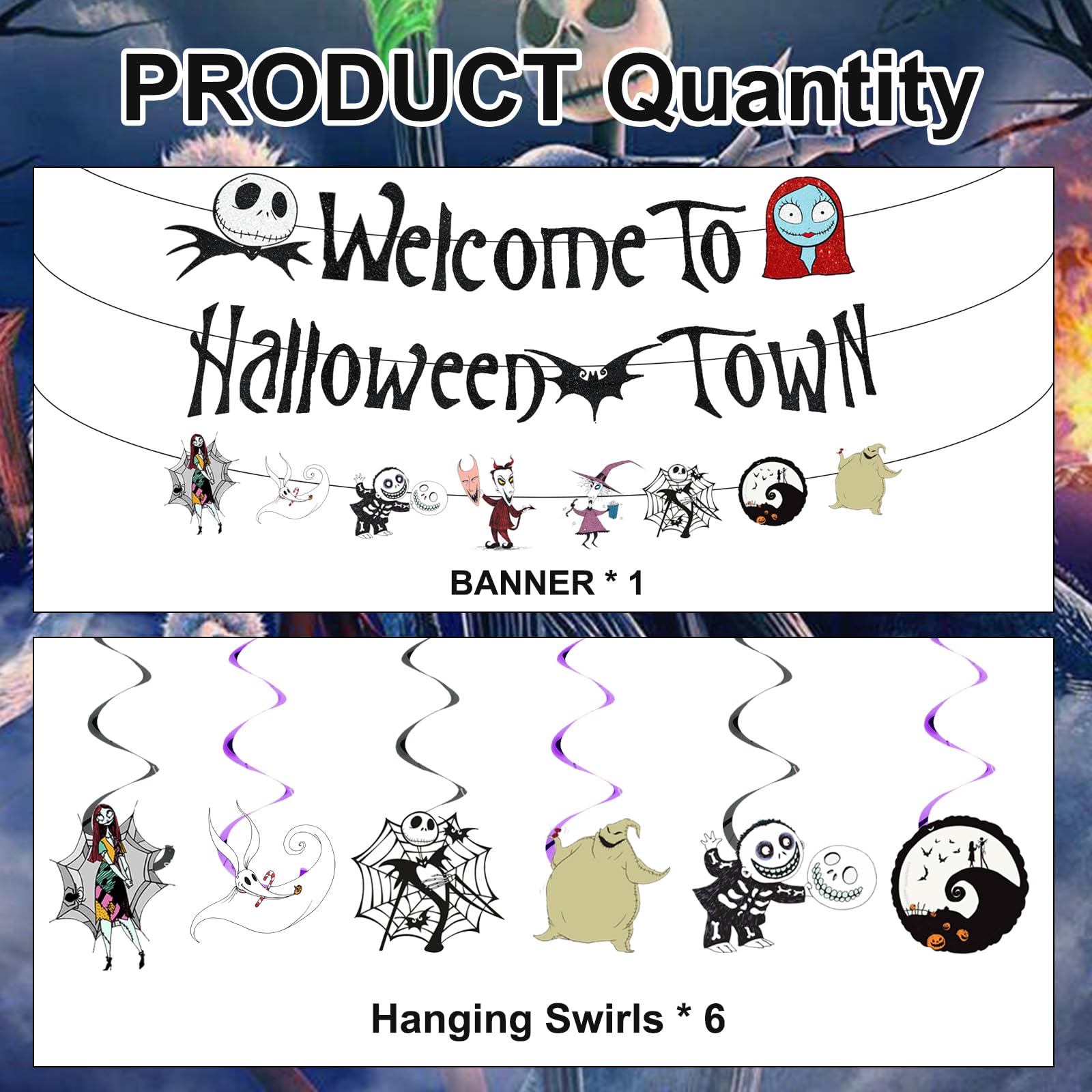 Glittery Welcome to Halloween Town Party Decorations,Welcome to Halloween Town Banner and Hanging Swirls,Halloween Nightmare Birthday Party Decorations