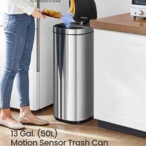 SONGMICS Motion Sensor Trash Can, 13 Gallon Automatic Kitchen Garbage Can, Multi-Colored Indicator Lights, Ozone Odor Control, Stay-Open Lid, Tall, Stainless Steel, Silver ULTB620E50V1