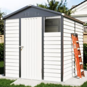 VanAcc 6.5x9x7 FT Outdoor Storage Shed with Shutter Design, Metal Garden Shed with Lockable Doors and Vents, Tool Storage Shed for Backyard, Patio, Lawn, White & Charcoal Gray