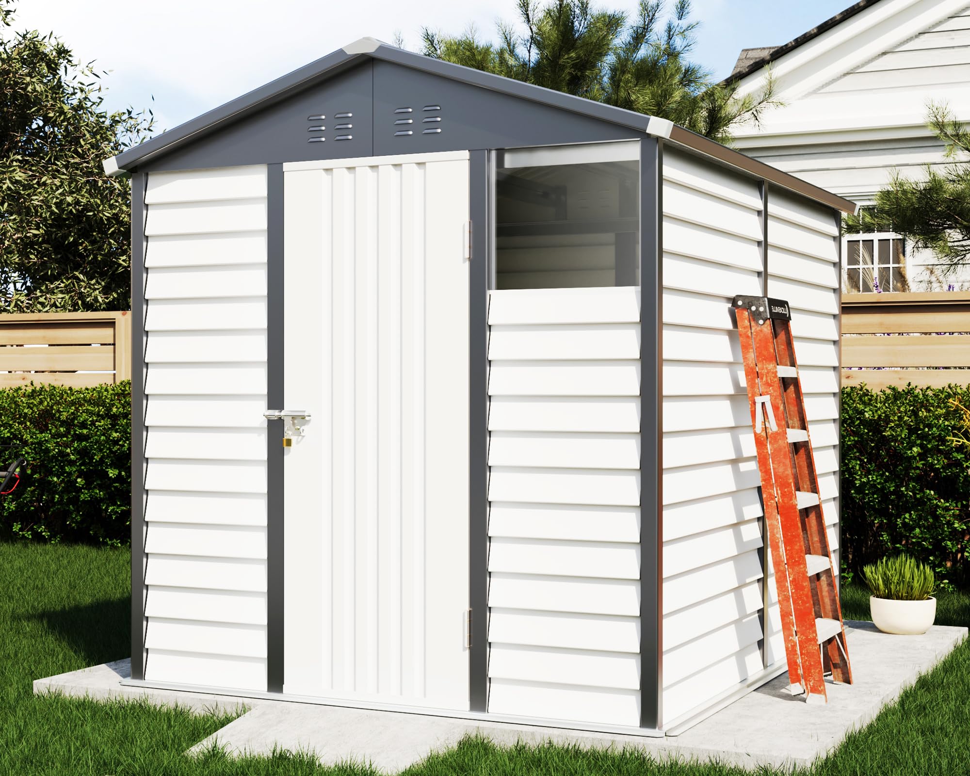 VanAcc 6.5x9x7 FT Outdoor Storage Shed with Shutter Design, Metal Garden Shed with Lockable Doors and Vents, Tool Storage Shed for Backyard, Patio, Lawn, White & Charcoal Gray