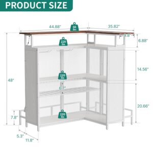 YITAHOME L Shaped Mini Home Bar Unit for Living Room with Music Sensing LED Light, Tall Bars Furniture Table with Wine Rack Alcohol Storage Glasses Hanger Footrest for Kitchen Pub, White