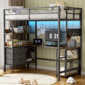 loft bed with desk, metal loft bed twin size with led lights and charging station, 6 storage shelves and 3 fabric drawers, modern bunk bed with desk for teens and adults, no box spring needed (black)