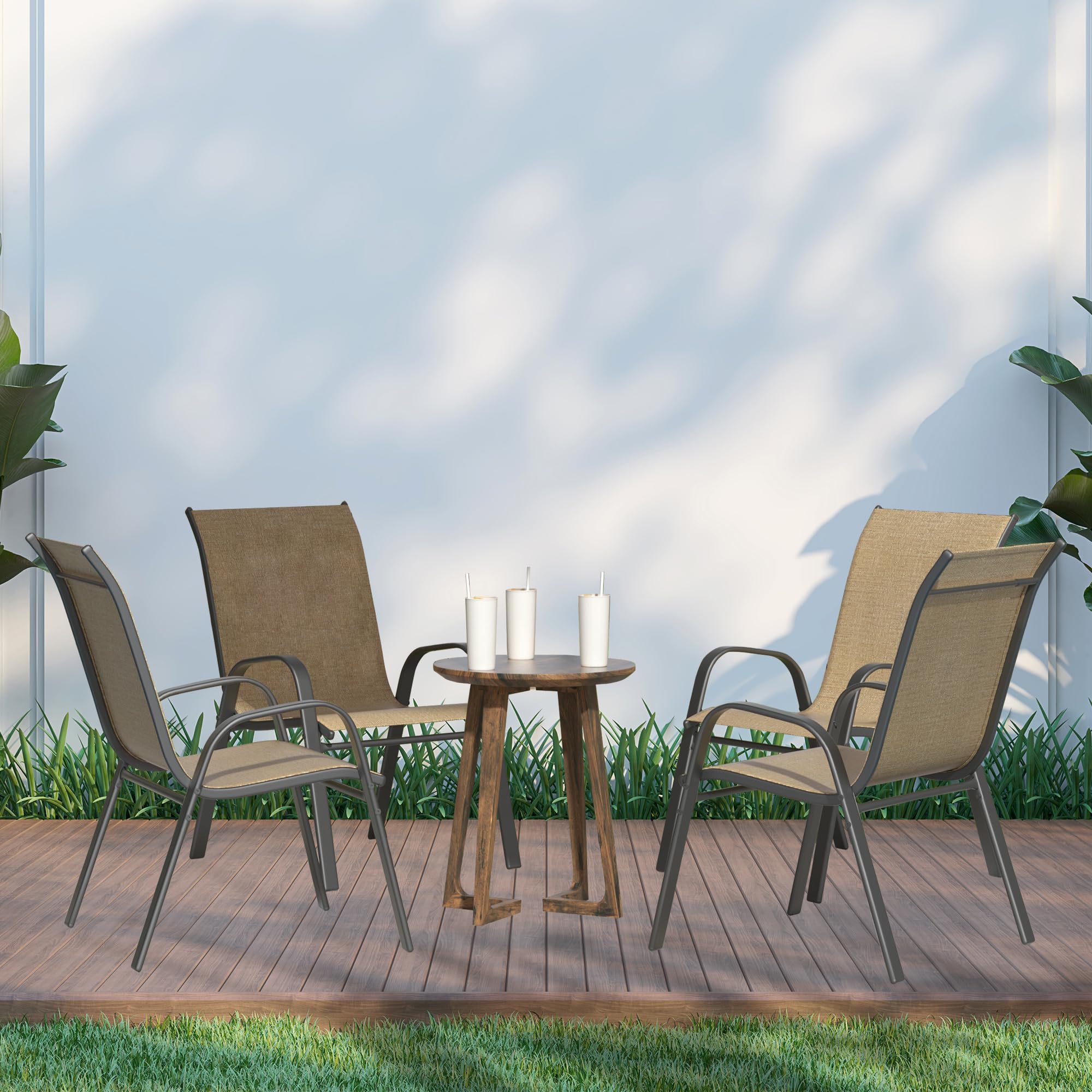 Betterhood Patio Chairs Set of 4, Stackable Outdoor Dining Chairs Set with Breathable Seat Fabric, All-Weather Powder-Coated Metal Frame for Deck, Pool Side and Backyard, 350LBS Capacity (Khaki)