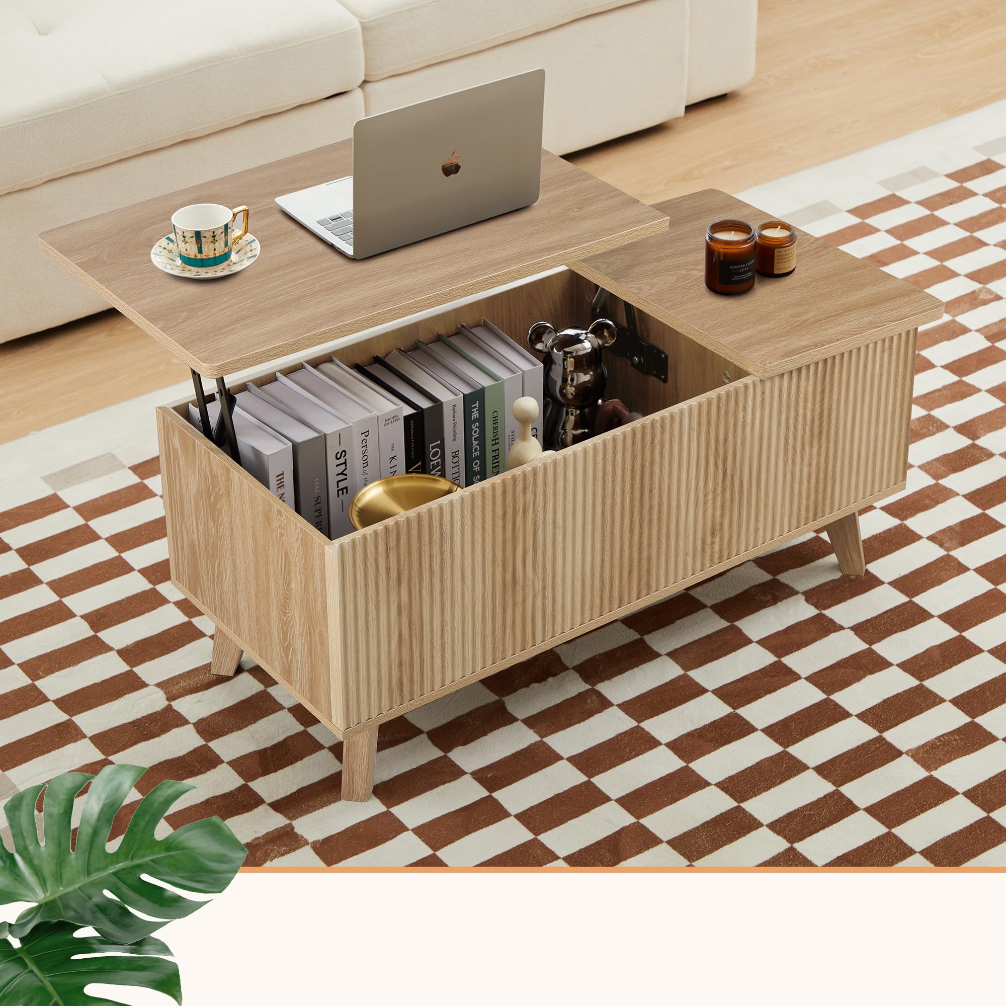 Wooden Fluted Lift Top Coffee Table with Hidden Compartment, Modern Rectangle Center Tables with Adjustable Storage Shelf, Lift Tabletop Dining Table for Home Living Room Office(Natural)