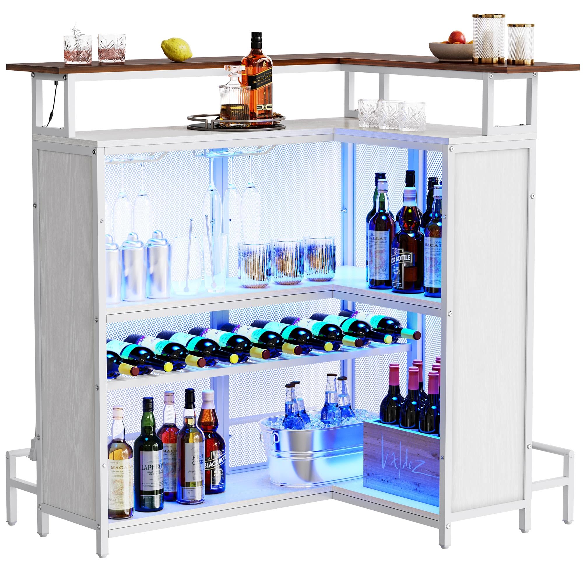 YITAHOME L Shaped Mini Home Bar Unit for Living Room with Music Sensing LED Light, Tall Bars Furniture Table with Wine Rack Alcohol Storage Glasses Hanger Footrest for Kitchen Pub, White