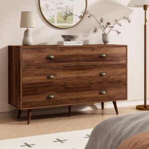 CARPETNAL Walnut Brown Dresser for Bedroom, 6 Drawer Dresser with Wide Drawers and Metal Knob, Wood Dressers & Chest of Hallway, Entryway.