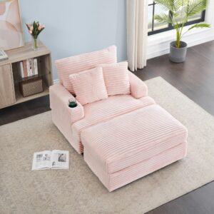 Siutco，39-inch Spring upholstered Armchair and Ottoman Set - Comfortable Single Sofa with Cup Holder and Corduroy Fabric, Perfect for Living Room or Bedroom(Pink)