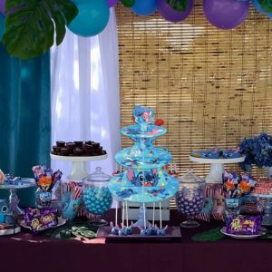 3 Tier Stitch Birthday Party Cupcake Stand, Stitch Cardboard Round Cupcake Holder Tower for Birthday Party Supplies