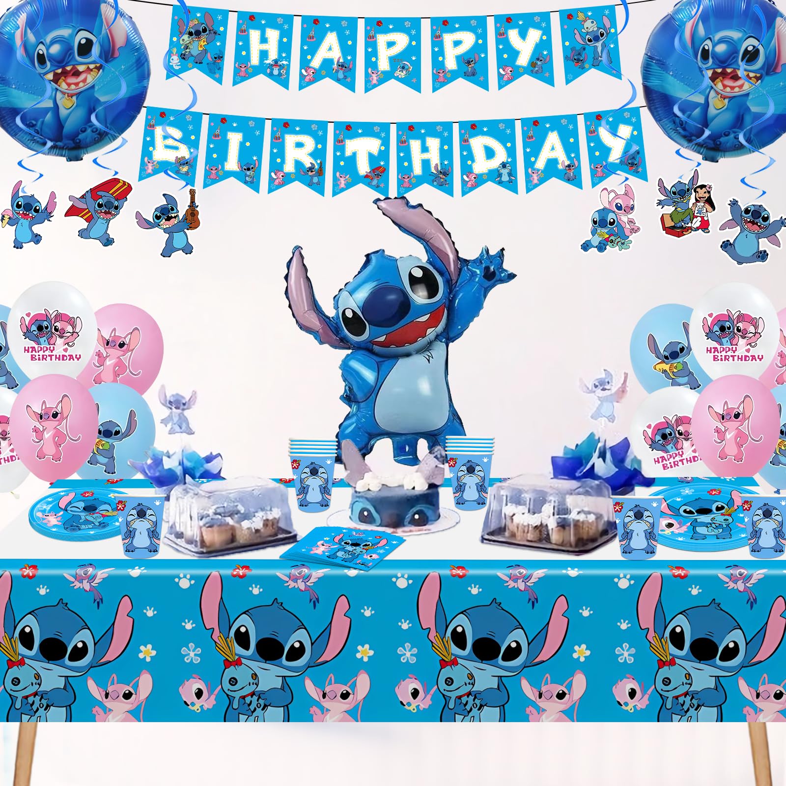 103 PCS Stitch Birthday Party Decorations, Stitch Party Decorations Set Includes Tableware Set, Happy Birthday Banner, Hanging Swirls, Balloons for Birthday Party Supplies