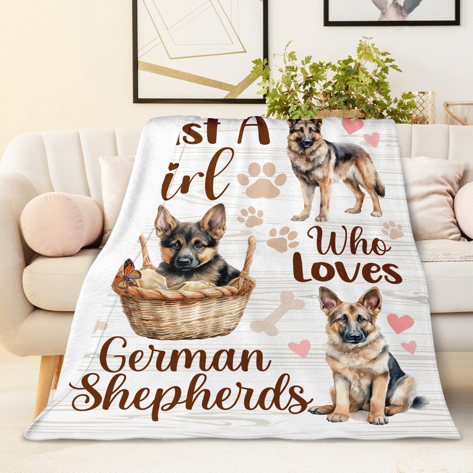 Kids Girls Throw Blanket - 40x30 Inches Small Blanket - Soft Plush Dog Themed Blankets for Office, Sofa - White Cute Fuzzy Throws Gifts for German Shepherd Dog Lovers