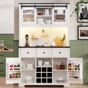 Farmhosue Pantry Bar Cabinet with Internal Storage Rack,Kitchen Cabinet with Hutch,Sliding Door,Power Outlet,Pegboard,Wine & Glasses Rack,3 Drawers,Rustic Coffee Bar Storage Cabinet,White Oak