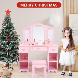 GarveeHome Kids Vanity, Pretend Play Vanity Set with Stool and Tri-Fold Mirror, Little Girl Makeup Desk, Toddler Dressing Table with Storage Drawers and Open Shelves for Girls 3+, Pink