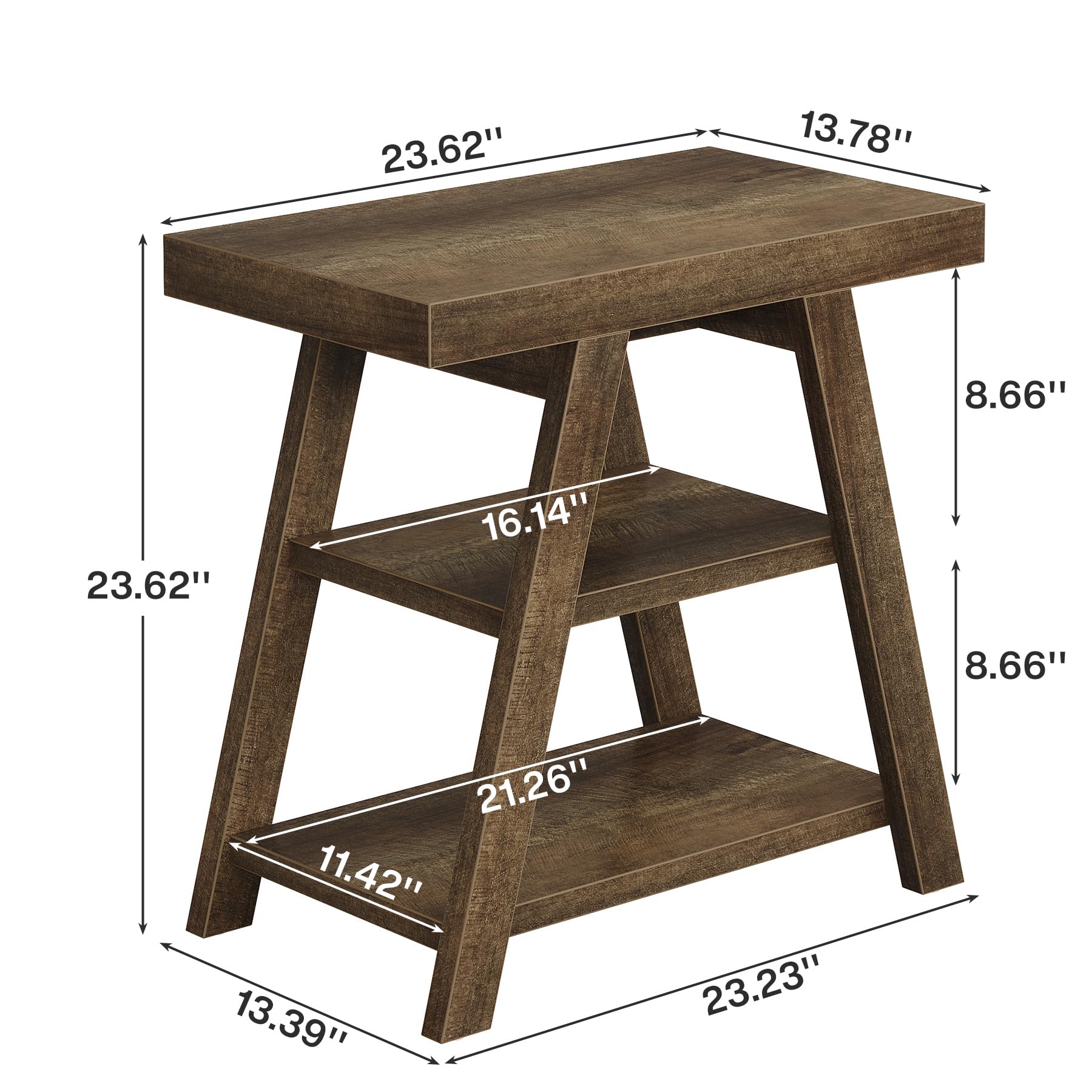 Tribesigns End Table for Living Room, 3-Tier Narrow Sofa Side Table with Storage Shelf, Farmhouse Small Wood End Table for Small Spaces, Industrial Heavy-Duty Bedside Table for Bedroom, Rustic Brown