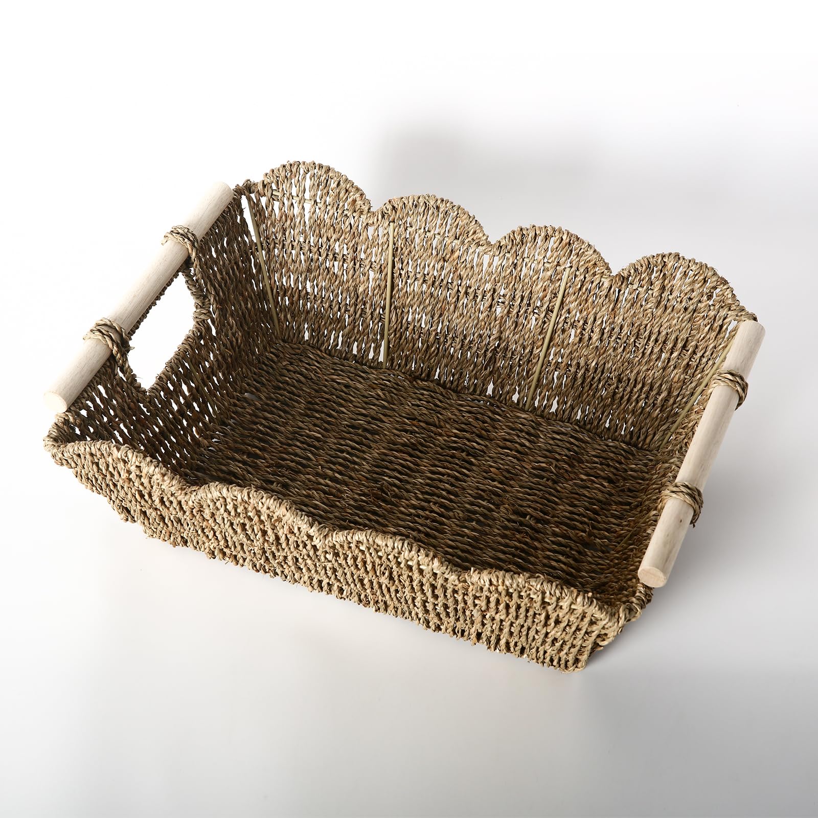 Scalloped Edge Basket with Wooden Handle, Water Hyacinth/Seagrass/Wicker Storage Baskets, Hand Woven Baskets for Shelves,Natural Baskets for Organizing (Seagrass, 16.5 * 12.6 * 5.5“)