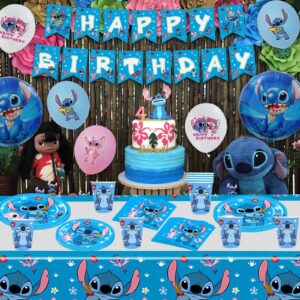 103 PCS Stitch Birthday Party Decorations, Stitch Party Decorations Set Includes Tableware Set, Happy Birthday Banner, Hanging Swirls, Balloons for Birthday Party Supplies