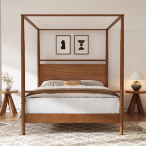 SOFTSEA King Size Canopy Platform Bed, Solid Wood Canopy Bed Frame 4 Posters Canopy Bed, No Box Spring Needed, Walnut