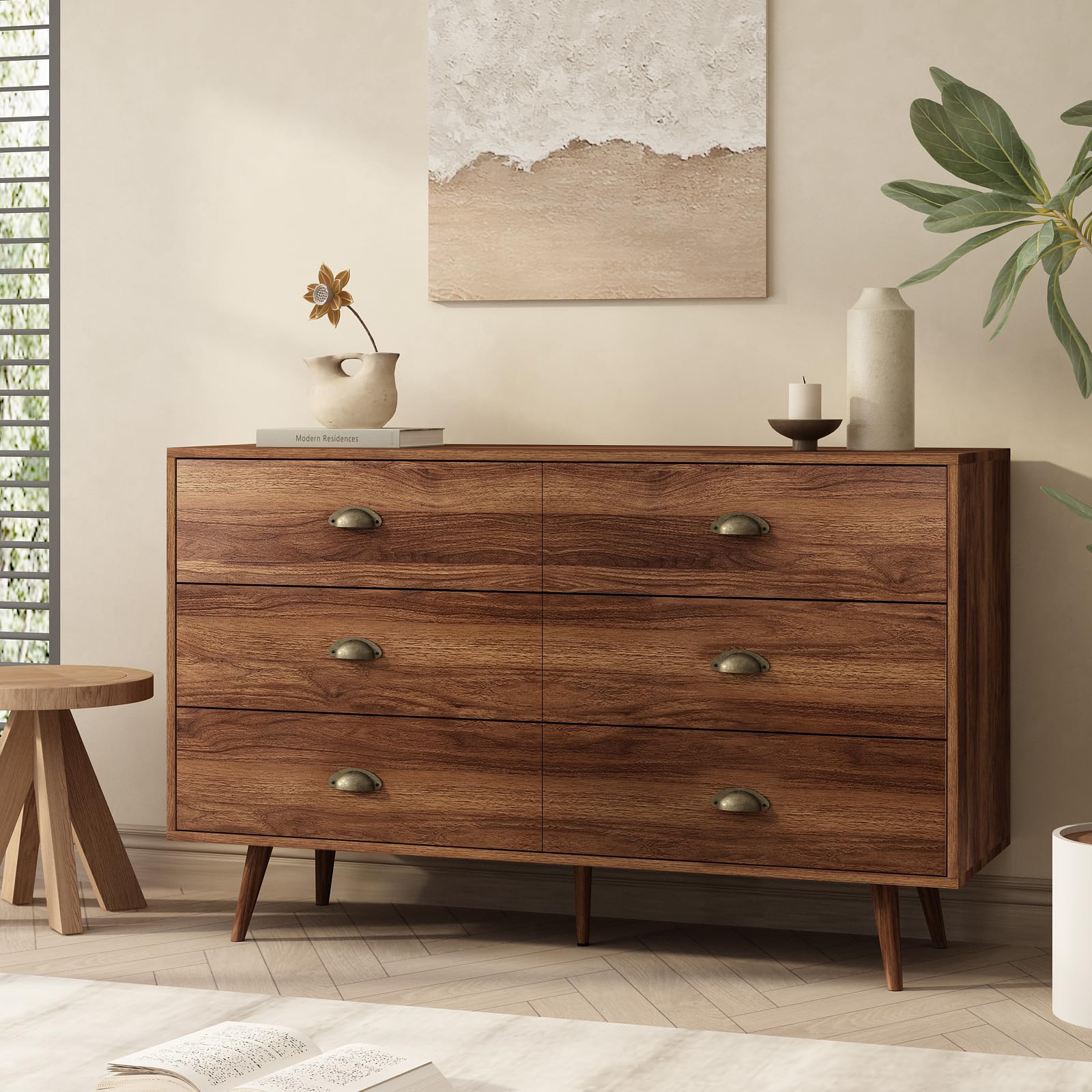 CARPETNAL Walnut Brown Dresser for Bedroom, 6 Drawer Dresser with Wide Drawers and Metal Knob, Wood Dressers & Chest of Hallway, Entryway.