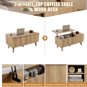 Wooden Fluted Lift Top Coffee Table with Hidden Compartment, Modern Rectangle Center Tables with Adjustable Storage Shelf, Lift Tabletop Dining Table for Home Living Room Office(Natural)