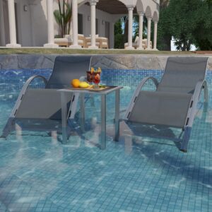 Patio Chaise Lounge Set of 3, Outdoor Pool Lounge Chair Beach Sunbathing Lawn Lounger Recliner Chair, Backrest Tanning Chairs with Arm & Side Table for All Weather, Poolside, Deck, Balcony, Backyard