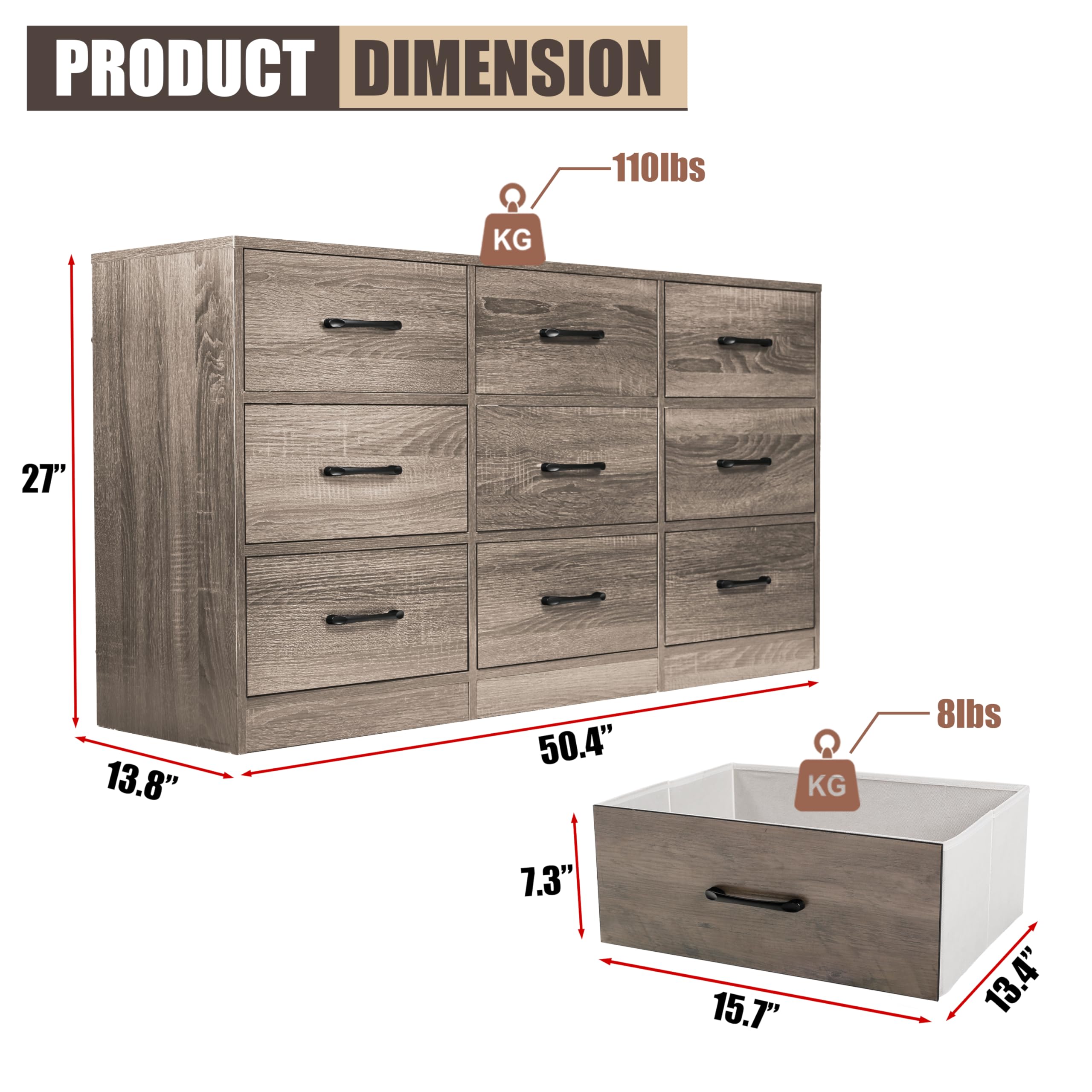 LINLUX Dresser for Bedroom, 9 Drawer Large Wide Dressers, Farmhouse Wooden Chest of Drawers for Entryway, Living Room, Hallway, Grey